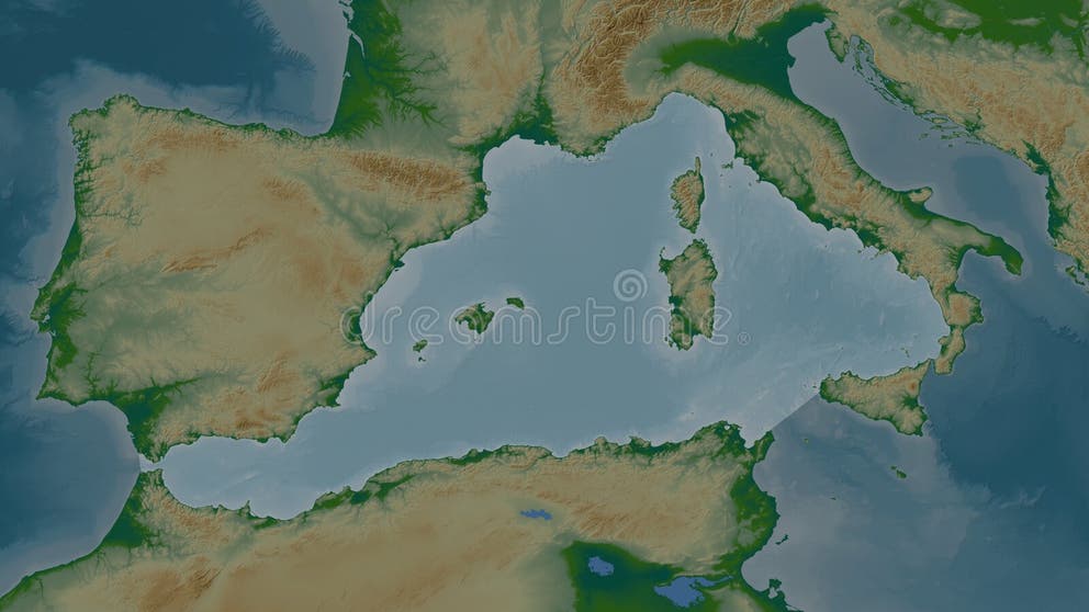 Mediterranean Sea - Western Basin Highlighted. Physical Map Stock ...