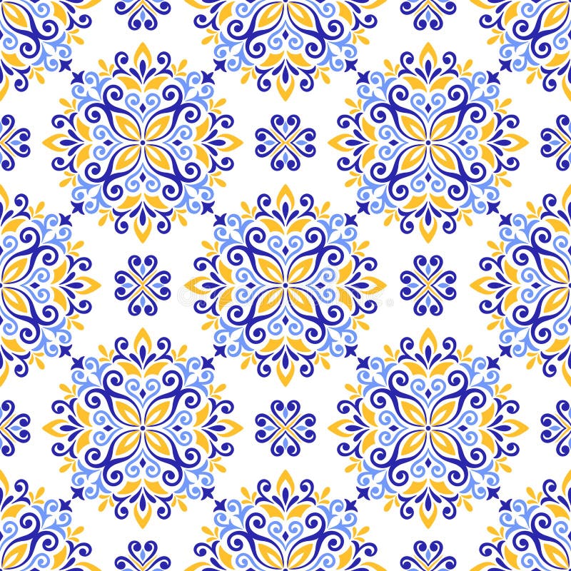 Mediterranean Seamless Pattern with Blue Yellow Tiles, White Background ...