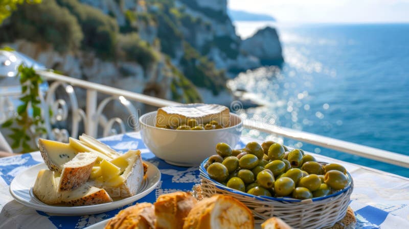 Mediterranean Seaside Terrace Brunch with Greek Cuisine Stock Image ...