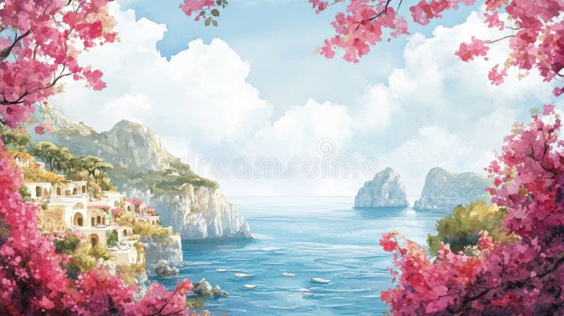 Mediterranean Seaside View with Blossoming Cherry Trees and Coastal ...
