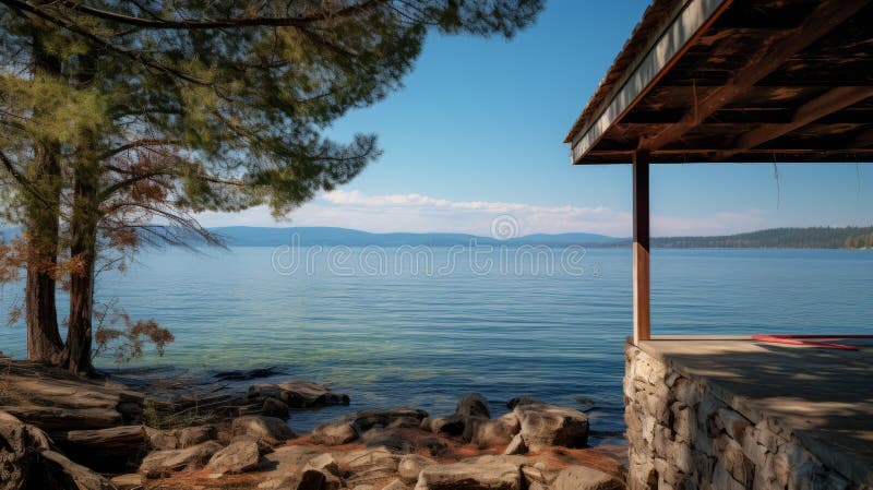 Mediterranean Style Boathouse Overlooking Beautiful Lake with Rocks and ...
