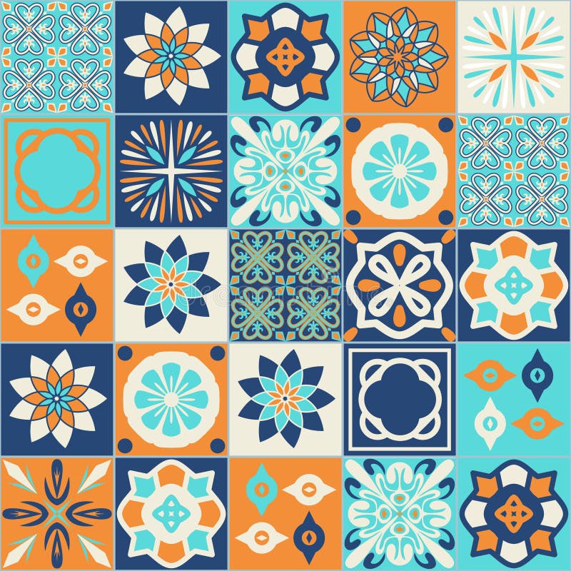 Mediterranean Style Ceramic Tiles, Square Tile Blue Orange Ivory ...
