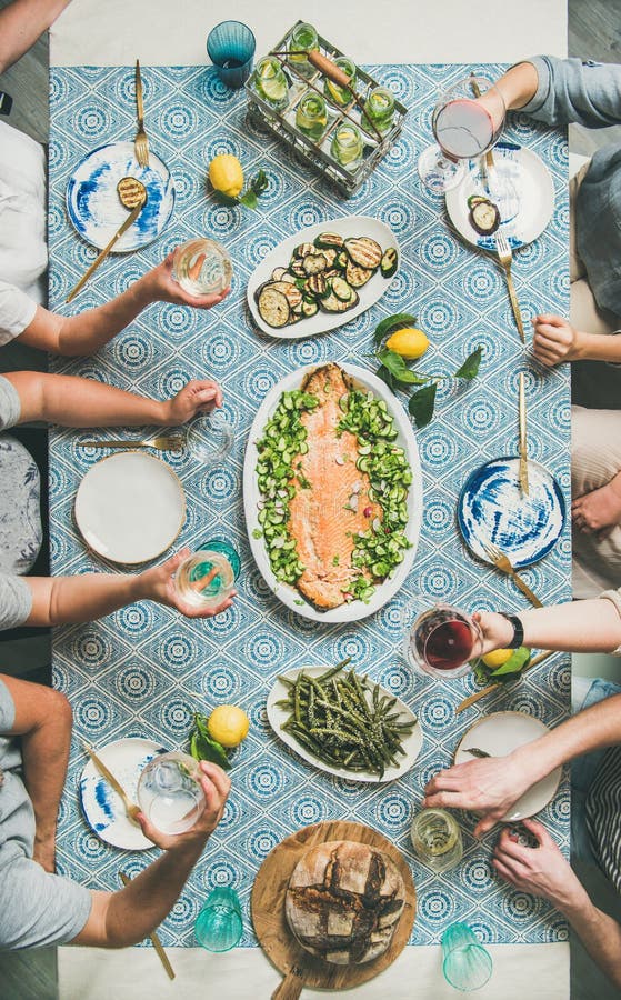 Mediterranean Style Dinner with Cooked Salmon, Bread, Lemonade ...