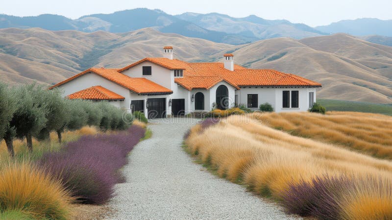 Mediterranean Style House on a Hilltop with Rolling Hills Background ...