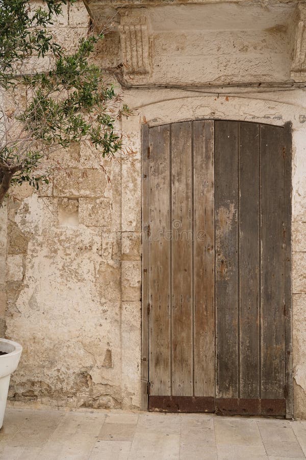 Mediterranean Style Wooden Gate in Stone Wall and Olive Tree in the ...