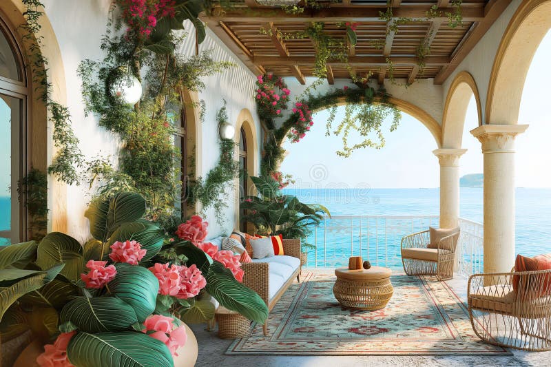 Mediterranean Style Terrace with Sea View. Stock Illustration ...