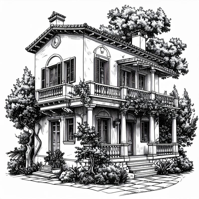 Mediterranean Style Two Story House Architectural Drawing Stock ...