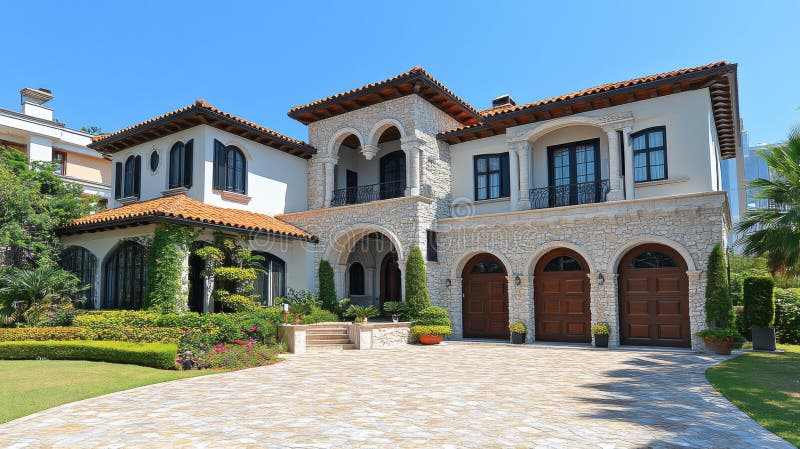 Mediterranean Style Villa with Stone Facade and Lush Landscaping Stock ...