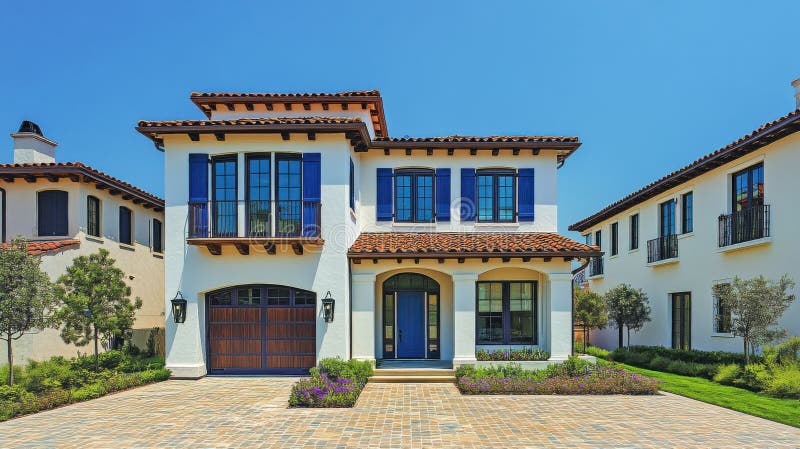 Mediterranean Style White House with Blue Shutters and Stone Driveway ...
