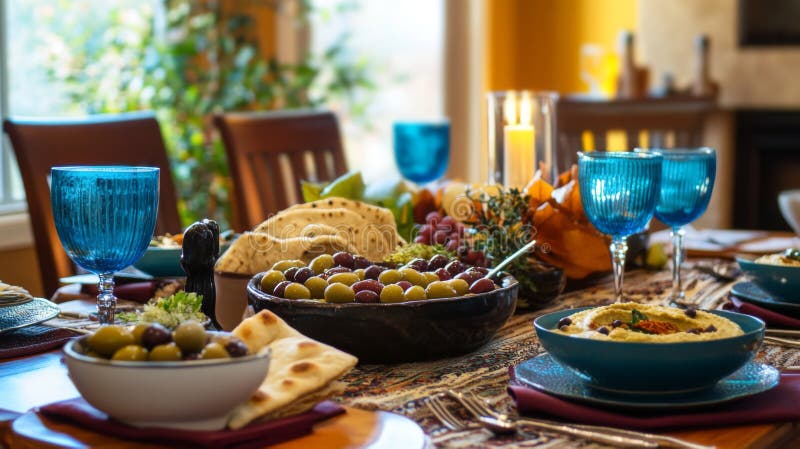 A Mediterranean Table Setting with Hummus, Olives, and Flatbread Stock ...