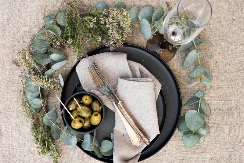 Mediterranean Table Setting with Olives Stock Image - Image of ...