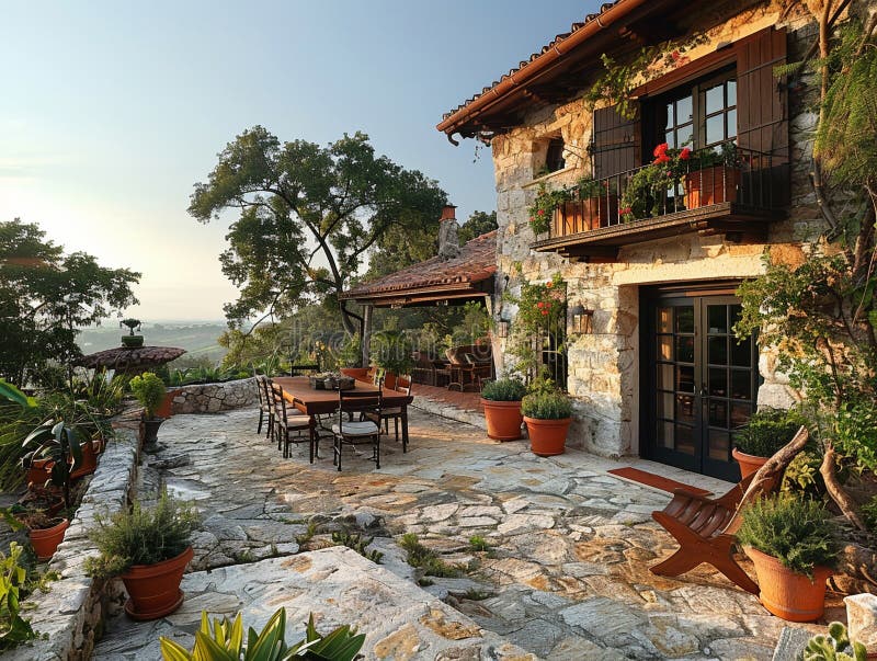 Mediterranean Terrace with Olive Trees and Wrought Iron Details Stock ...