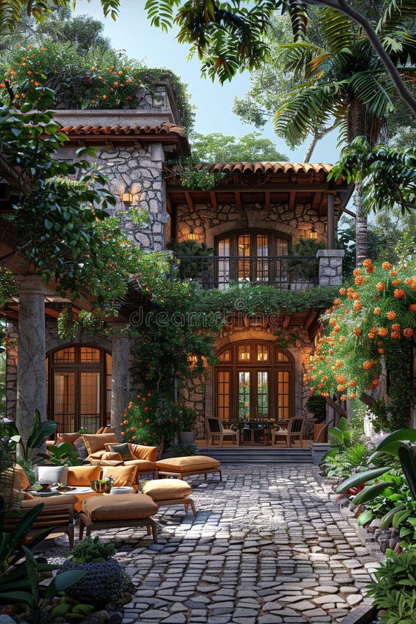 Mediterranean Terrace with Olive Trees and Wrought Iron Details3D ...