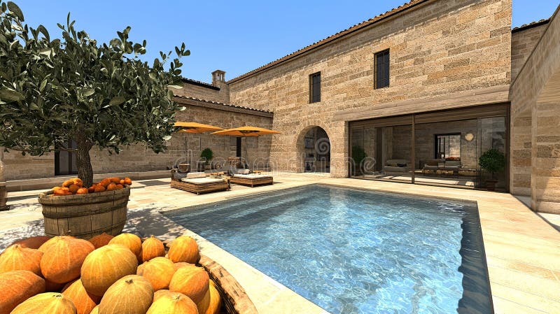 Mediterranean Villa Courtyard Pool, Sun Loungers, Citrus Stock Image ...