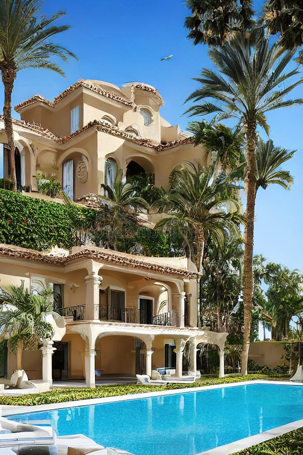 Mediterranean Villa with Palm Trees and Pool, Ai Generated Stock ...