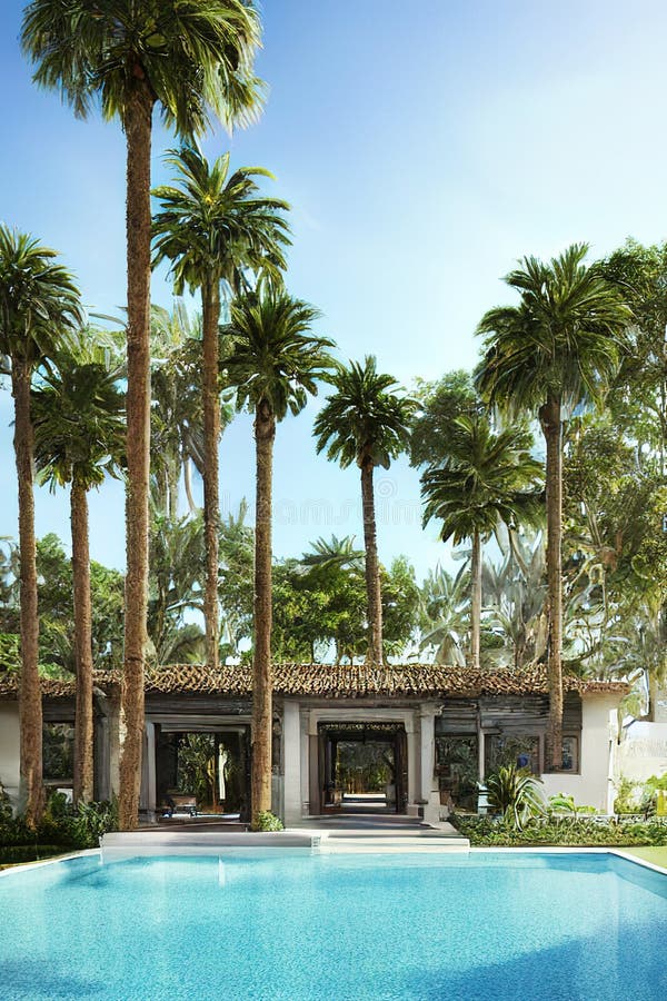 Mediterranean White Villa with Palm Trees and Pool, Ai Generated Stock ...