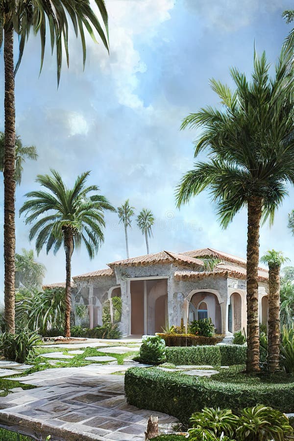Mediterranean White Villa with Palm Trees and Pool, Ai Generated Stock ...
