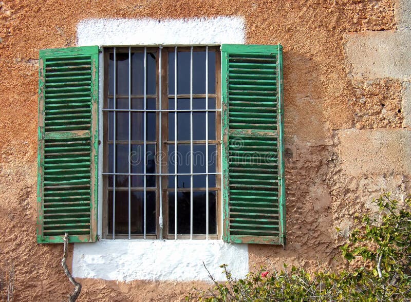 Old Mediterranean Window with Green Shutters Stock Photo - Image of ...