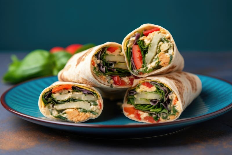 Mediterranean Wrap with Hummus and Vegetables on a Blue Dish Stock ...