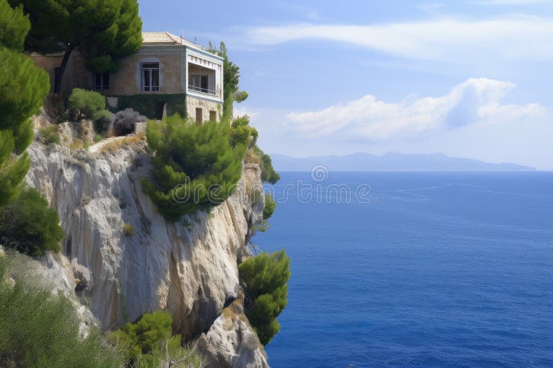 Mediterrenean House on Cliff Side, Overlooking the Sea Stock ...