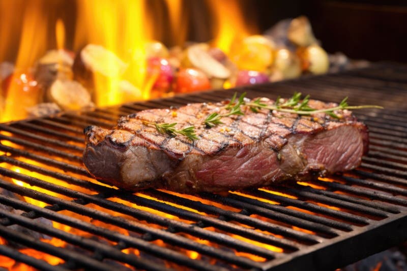 Medium-close Up of a Grill, Fire Sparks, and Steak Stock Photo - Image ...