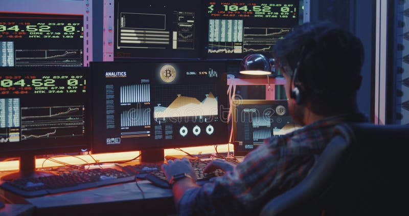 Hacker Using Computer with Multiple Monitors Stock Photo - Image of ...