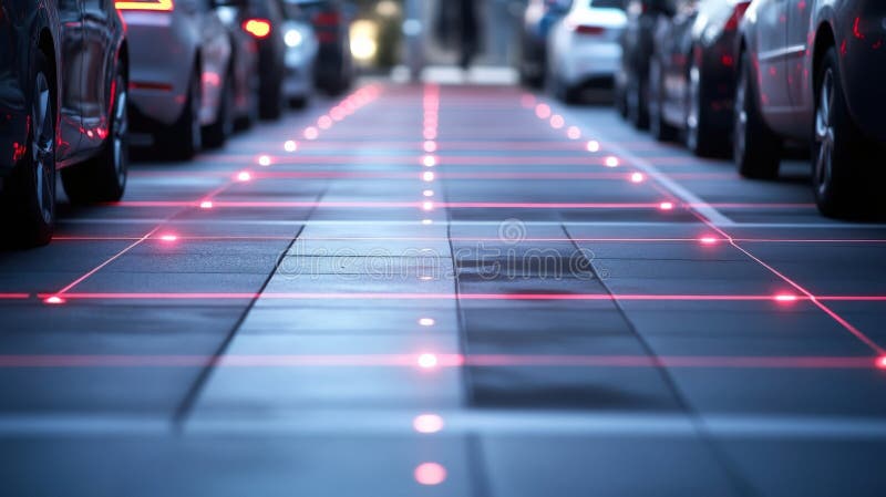 A Medium Closeup of a Parking Space Grid Illuminated by Smart Sensors ...