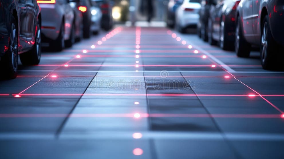 A Medium Closeup of a Parking Space Grid Illuminated by Smart Sensors ...