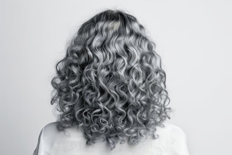 Medium Length Gray Curly Hair , Rear View on White Background ...