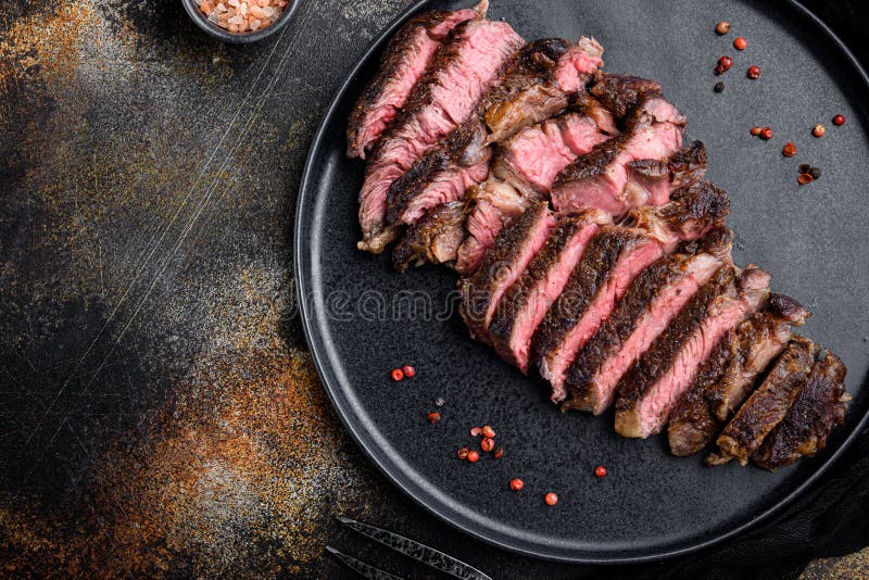 Medium Rare Beef Steak, Rib Eye Cut, on Plate, Top View Flat Lay, with ...