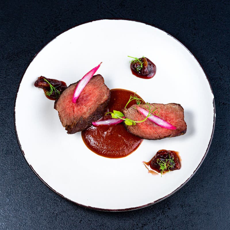 Medium Rare Filet Mignon Steak on White Plate , Selected Focus Stock ...