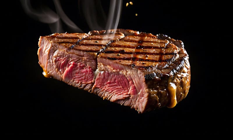 Medium Rare Grilled Beef Ribeye Steak are Captured in Mid-air Stock ...