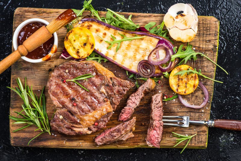 Medium Rare Steak Grilled, Top View on Board Stock Photo - Image of ...