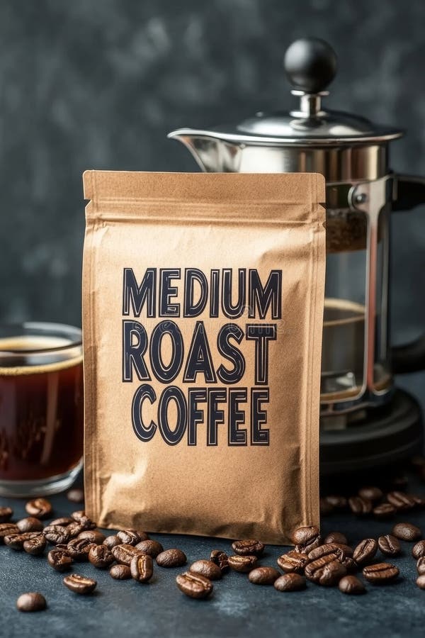 Medium Roast Coffee Pouch, French Press, and Mug on a Dark Background ...
