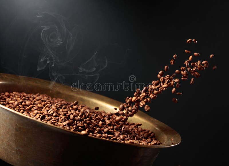 Medium-roasted Coffee Beans are Poured into an Old Brass Roasting Pan ...