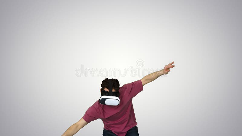 Amazed Man Using VR Headset Glasses Touching and Interacting with ...