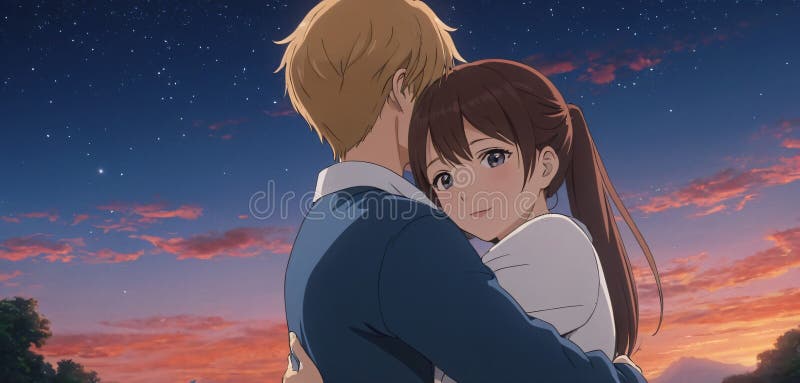 Medium Shot Anime Couple Hugging Stock Illustration - Illustration of ...