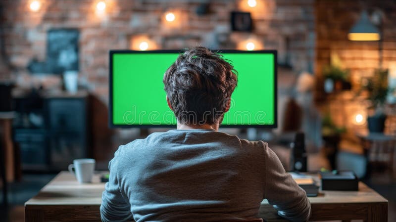 A Medium Shot from Behind Shows a Person Blurred at a Desk in a Modern ...