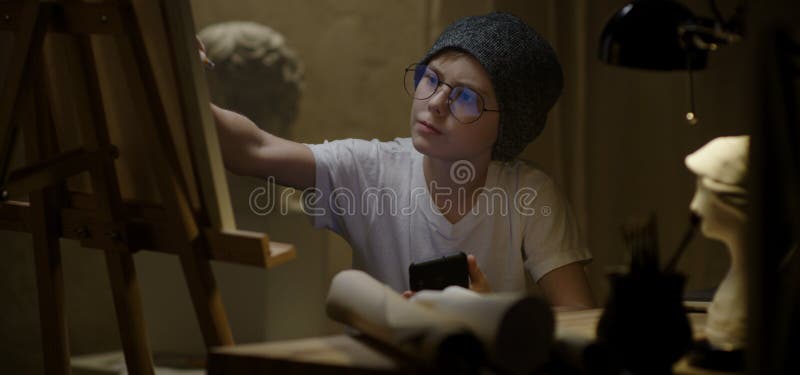 Boy Using Smartphone and Drawing Stock Image - Image of painting ...