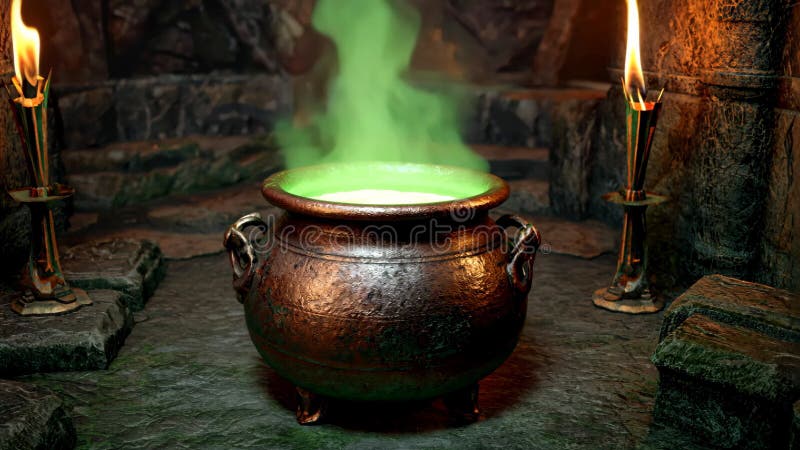 Bubbling Green Potion in a Bronze Cauldron in a Stone Dungeon, with ...