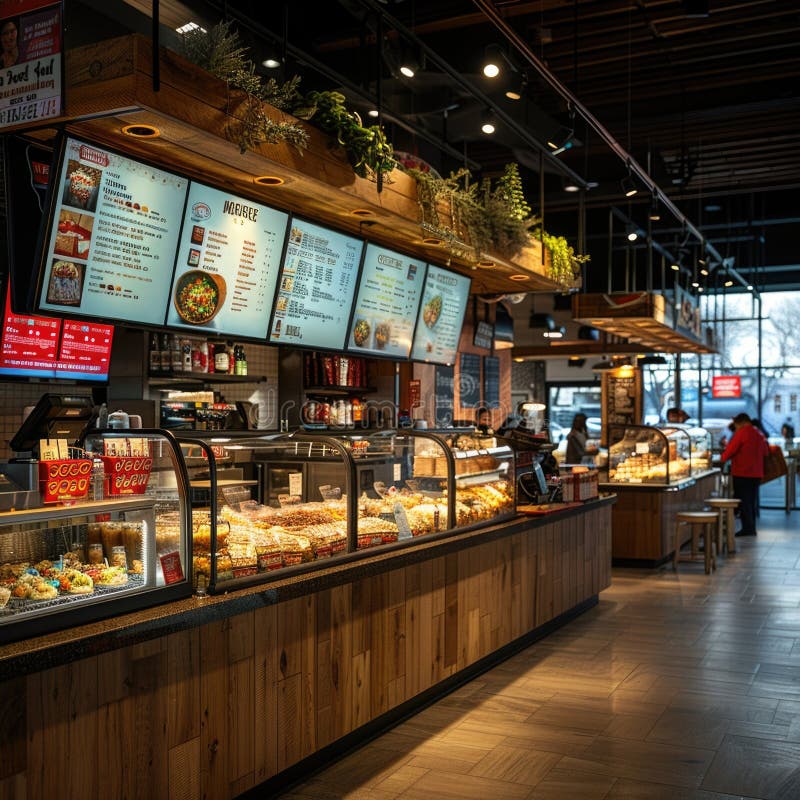 Medium Shot of Busy Stadium Concession Stand with Blank Menu Board ...