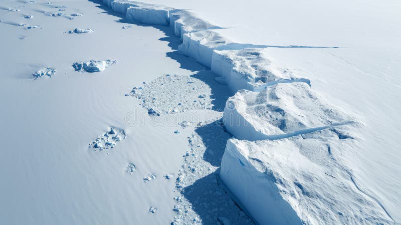 Medium Shot of the Edge of the Ice Floe with Some Small Rifts and a Hard Light with Blue Shades ...