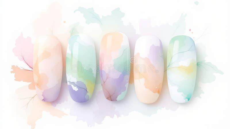 Medium Shot of Five Nail Designs Featuring Abstract Watercolor Patterns ...