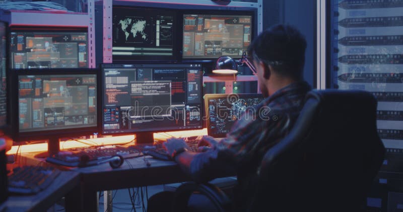 Hacker Watching Multiple Monitors Stock Image - Image of indoors, male ...