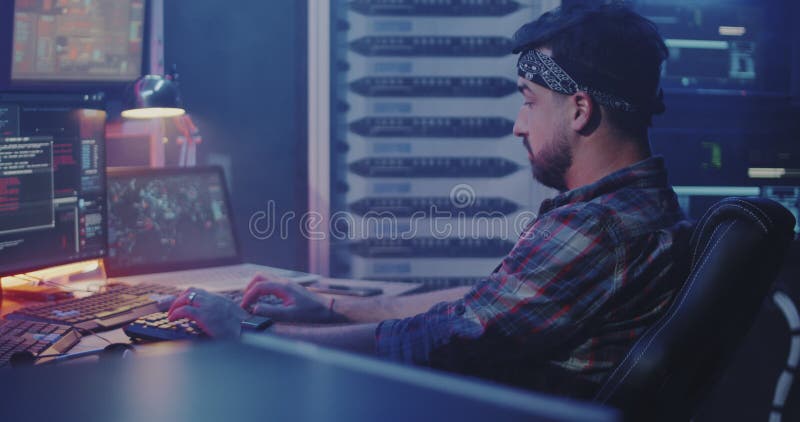 Hacker Using Computer With Multiple Monitors Stock Footage Video Of 2475