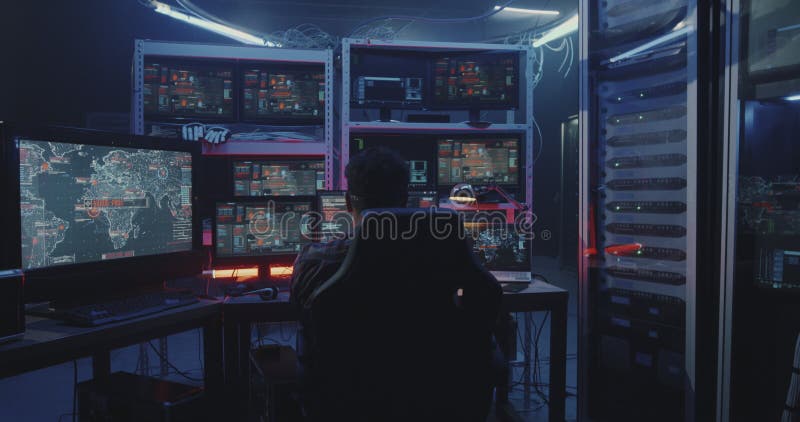 Hacker Using Computer With Multiple Monitors Stock Footage Video Of 3326
