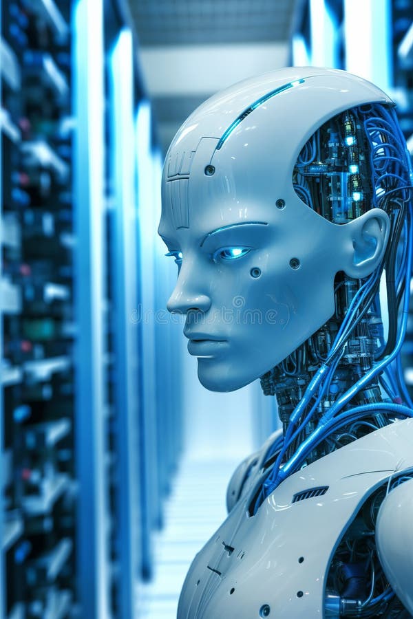 Medium Shot of a Humanoid Robot Checking Servers in a Data Center Stock ...