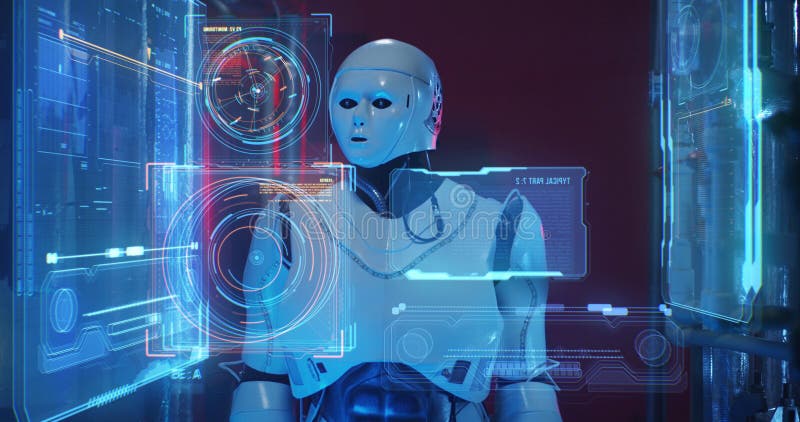 Robot Examining Holographic Display Stock Photo - Image of examination ...