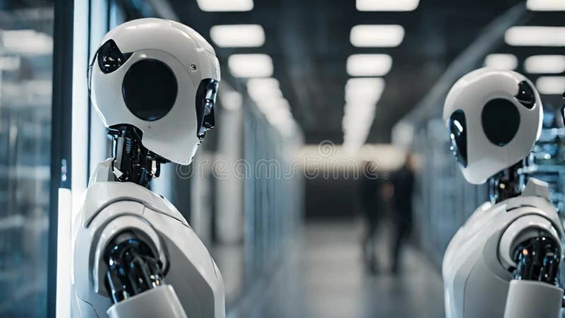 Medium Shot of a Humanoid Robot Using a Virtual Interface Stock Video ...