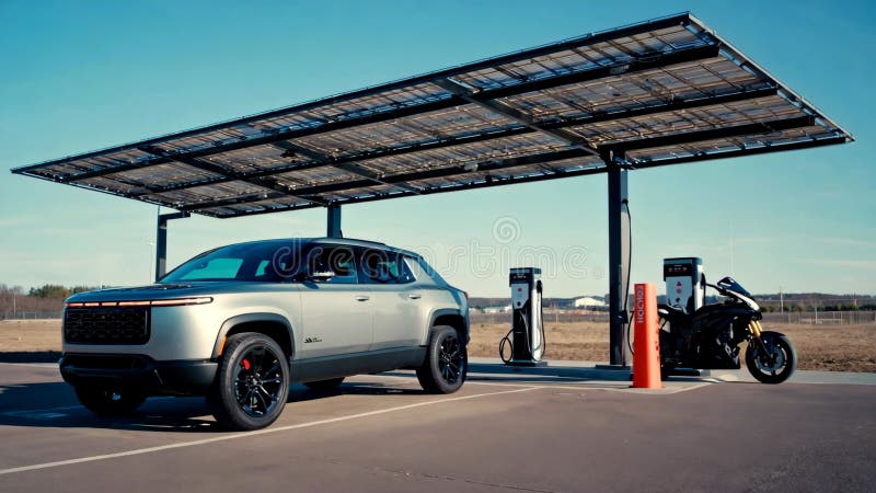 Silver Electric SUV and a Black Electric Motorcycle Charging at a ...